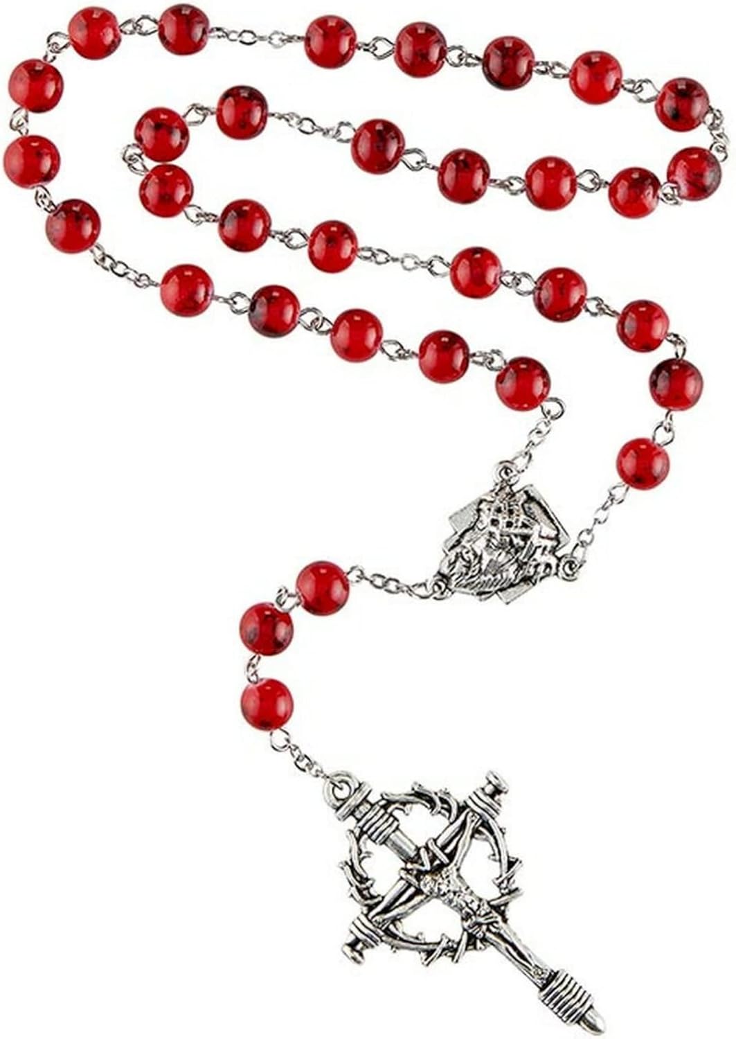 Needzo Catholic Chaplet Red Glass Prayer Bead Necklace, Crucifix of ...