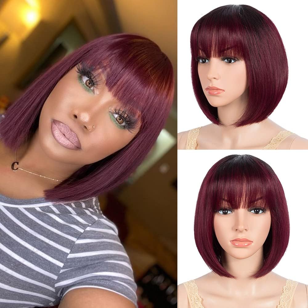 Amazon.com : JOEDIR HAIR Bob Human Hair Wig with Bangs for Black Women ...