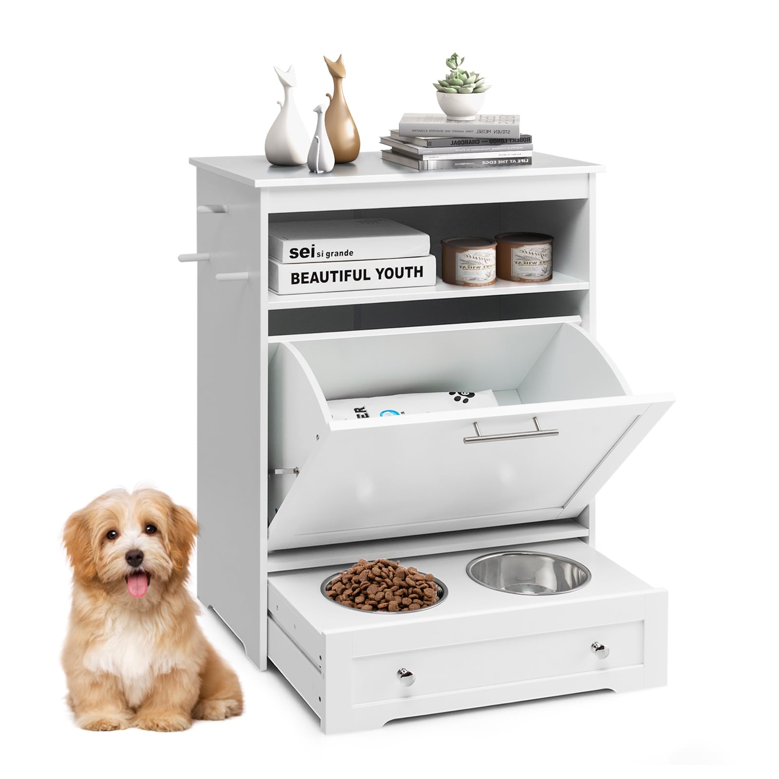 CHEFJOY Dog Feeding Station, Dog Food Storage Cabinet w/Double Raised ...