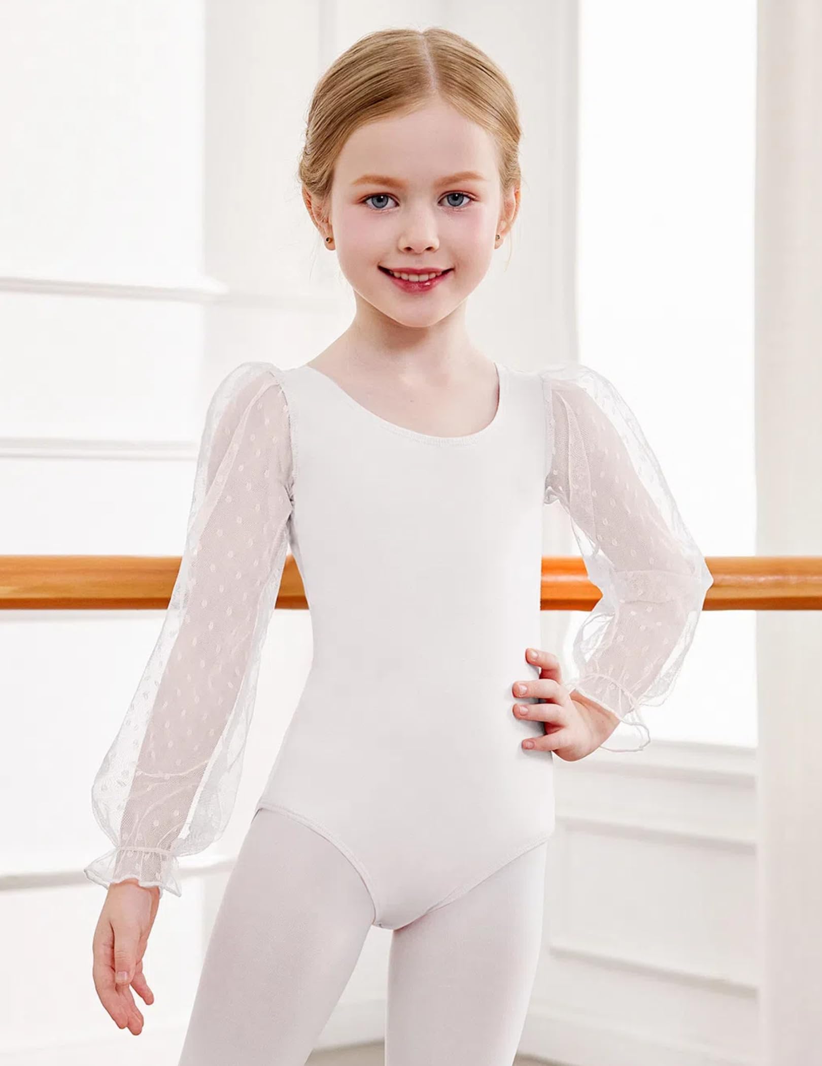 Snapklik.com : Ballet Leotards For Girls Polka Dots Sheer Long Sleeve ...