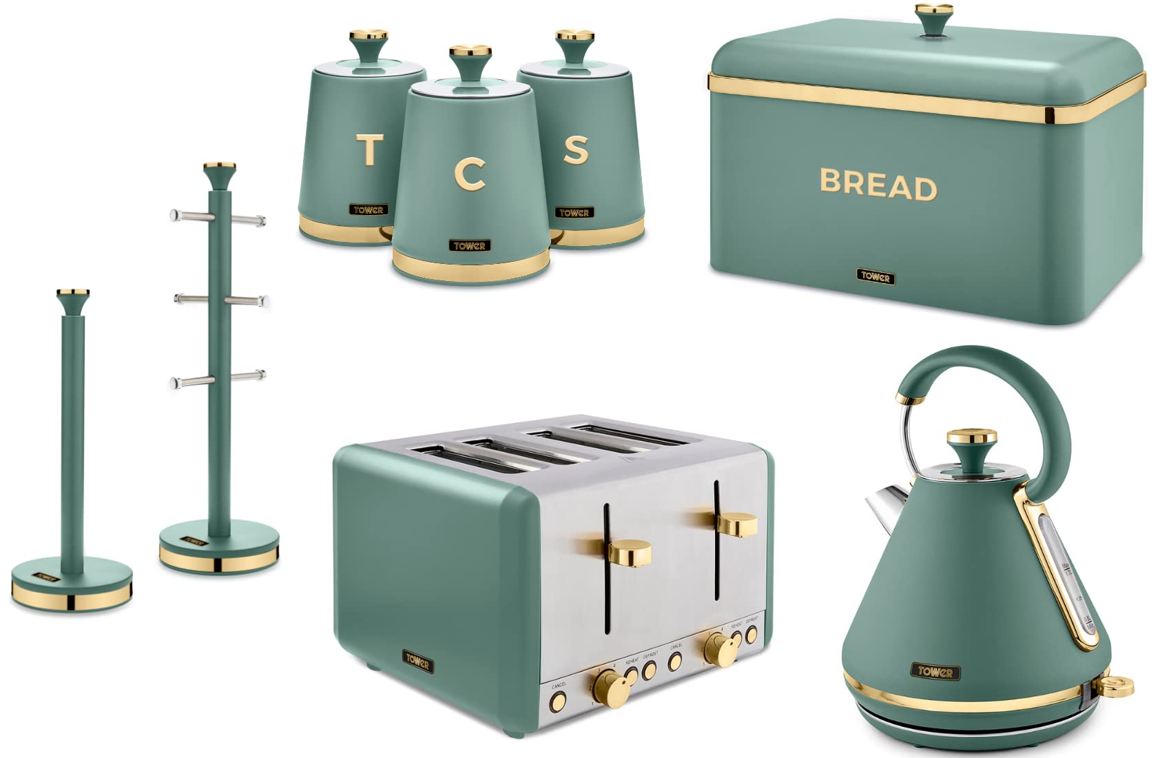Tower Cavaletto Pyramid Kettle, 4 Slice Toaster, Bread Bin, 3 Canisters ...