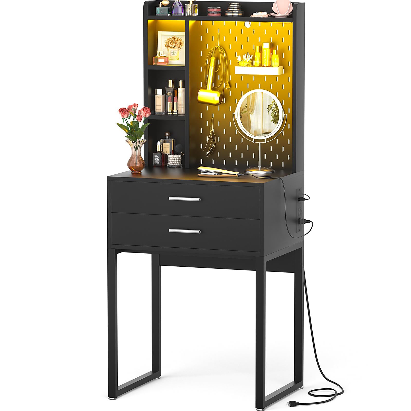 Amazon.com: Besiost Small Vanity Desk with Hutch and Drawers, Black ...