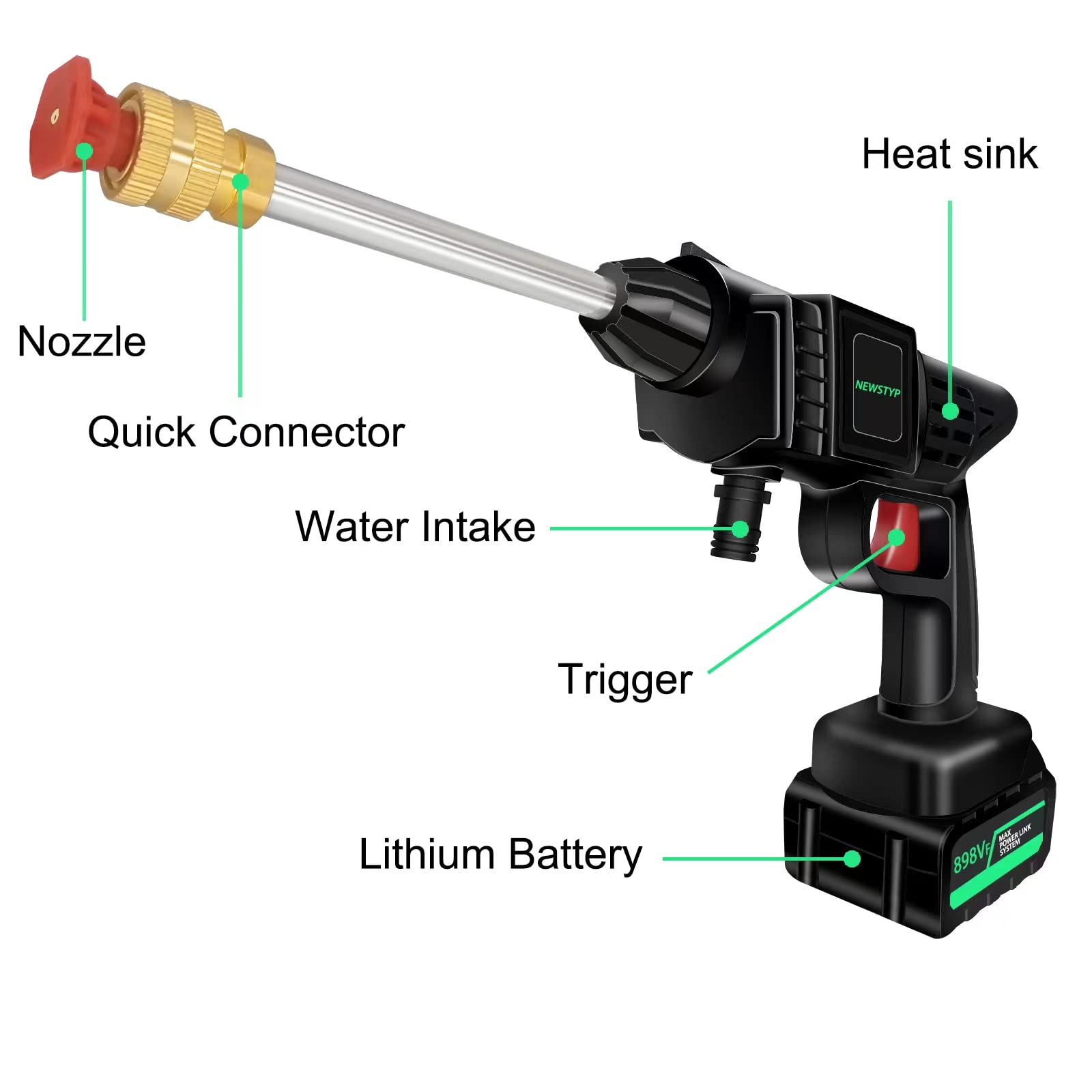 NEWSTYP 500W High Strength Wireless Pressure Washer 24V 15000Ah Wide ...