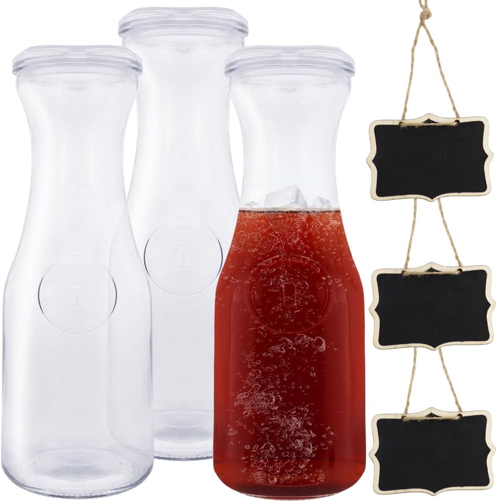 Amazon.com: 3 Pack Glass Bottles Set Glass Carafe with Lids 34 Ounces ...
