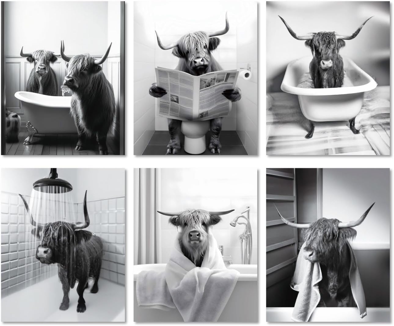 Amazon.com: MINI ZOZI Black And White Highland Cow Bathroom Decor 8x10 ...