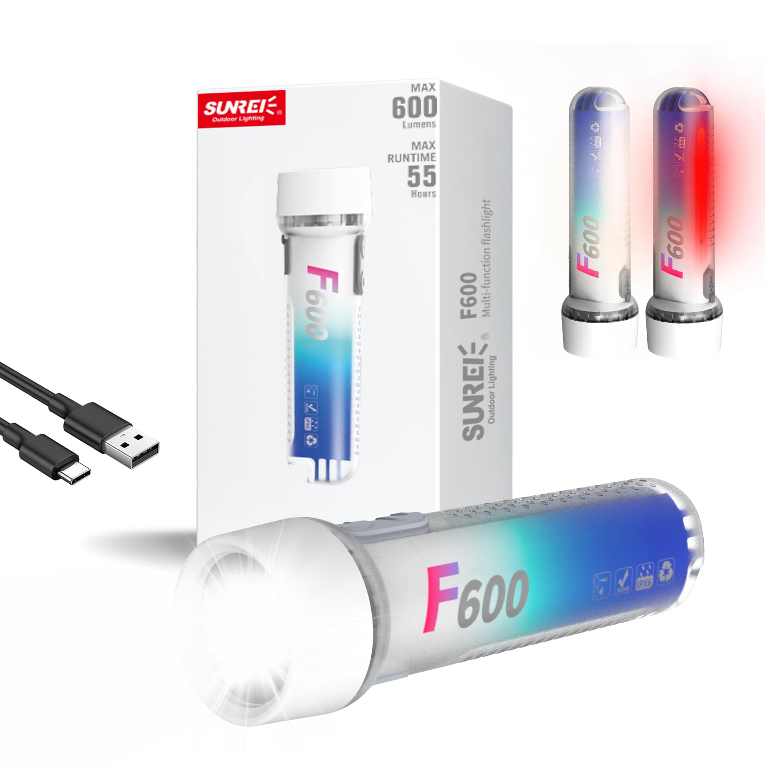 Sunrei 1000 Lumen RGB Flashlight, Super Bright LED Flash Light Battery ...