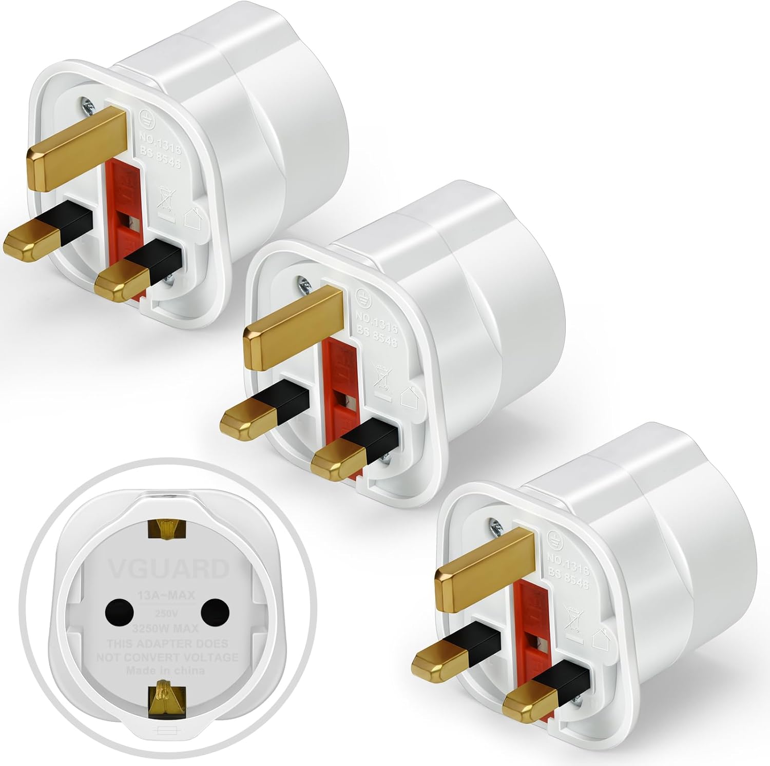 VGUARD European to UK Plug Adapter 3 Pack BS8546 Certified Travel ...