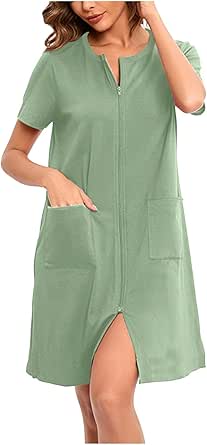 Women Zipper Robes with Pocket Short Sleeve Crew Neck Gowns Lightweight ...