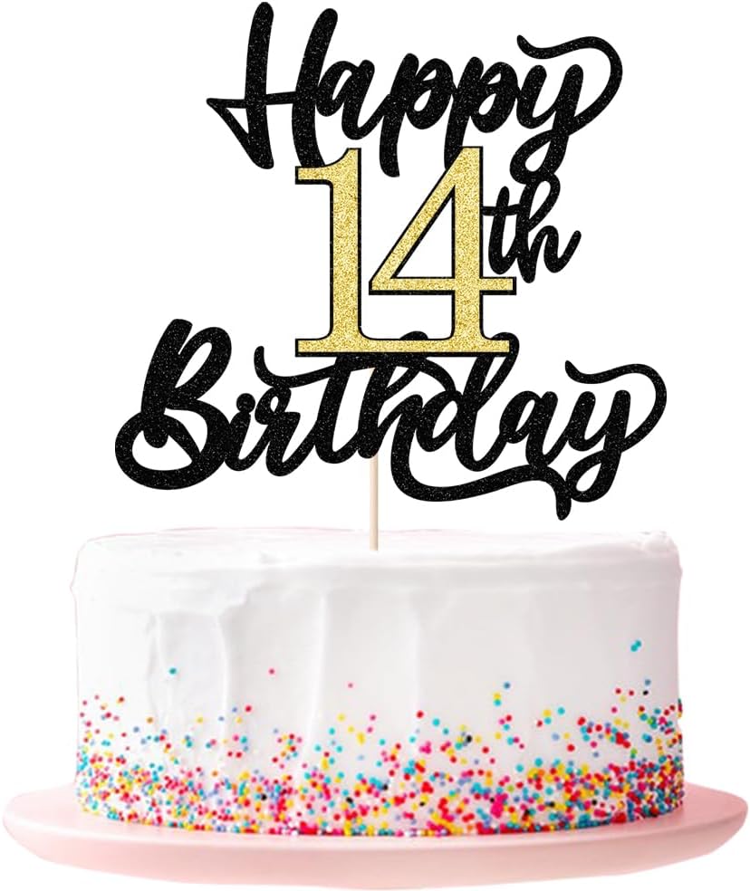 Amazon.com: Black and gold flashes Happy 14th Birthday Cake Topper 14th ...