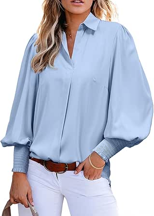 Amazon.com: Astylish Women Loose Button Down Shirts V-Neck Solid ...