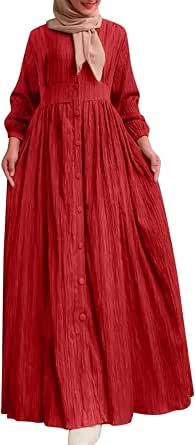 Womens Muslim Dresses One-Piece Long Sleeve Islamic Prayer Dress O Neck ...