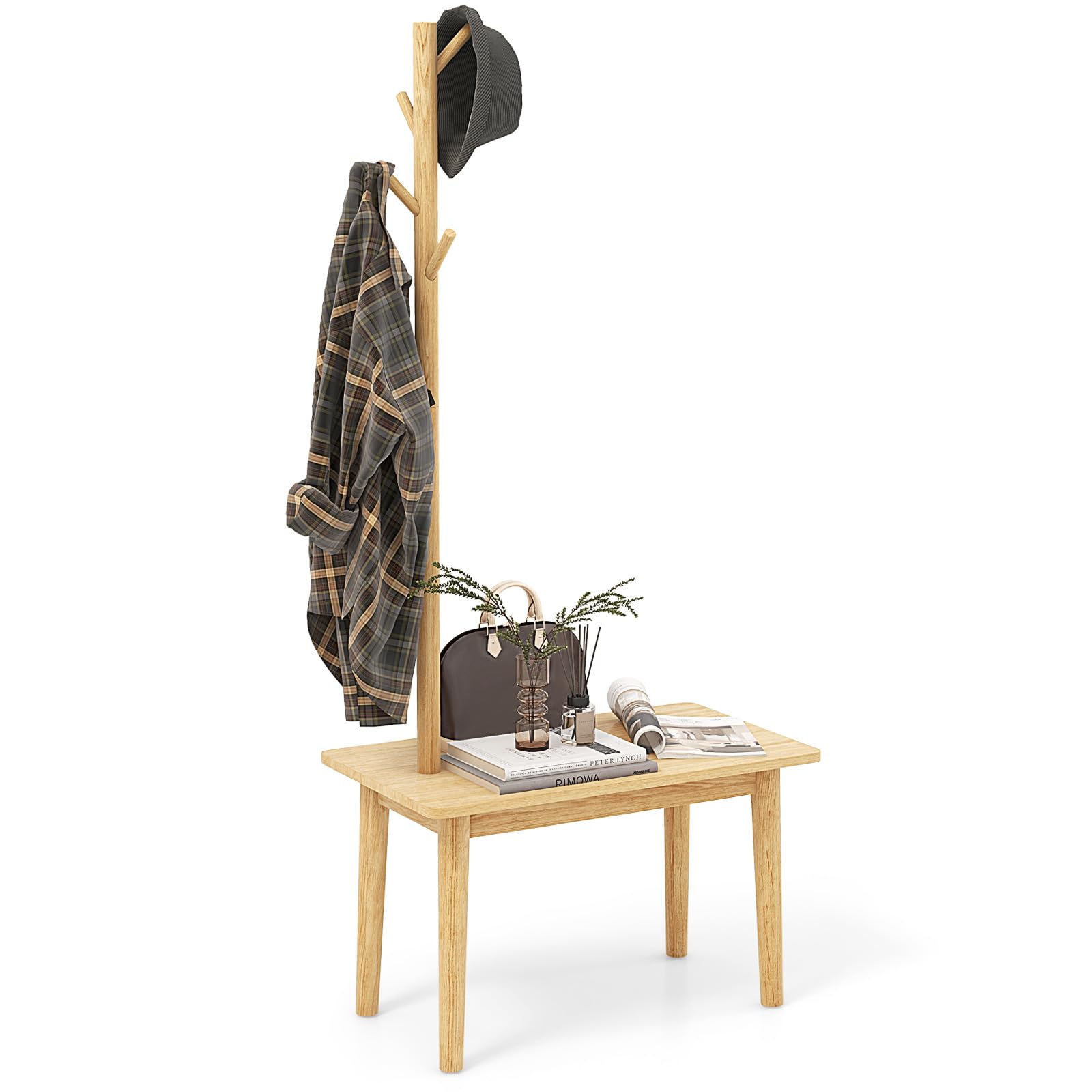 Amazon.com: Tangkula Coat Rack with End Table, Solid Wood Coat Tree ...