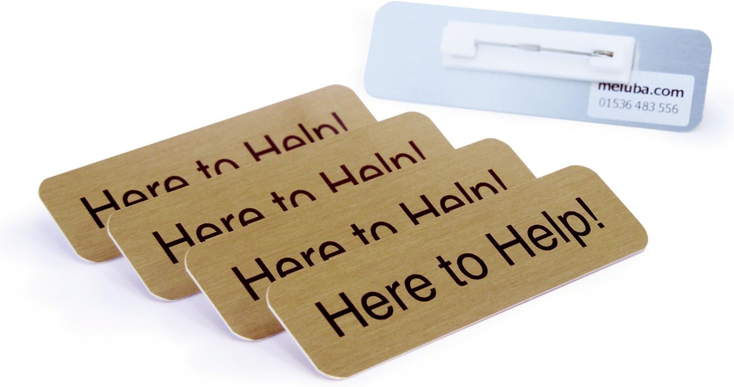 Meluba Badges | Here to Help Badge - Brushed Gold Aluminium with Pin ...