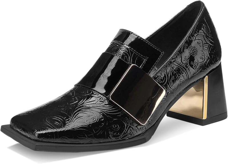 Amazon.com | TDD Loafers for Women Patent Leather Buckle Square Toe ...