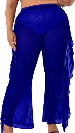 Amazon.com: Floerns Women's Plus Size Sheer Mesh Ruffle Hem Pants Cover Up Bikini Bottom Royal ...