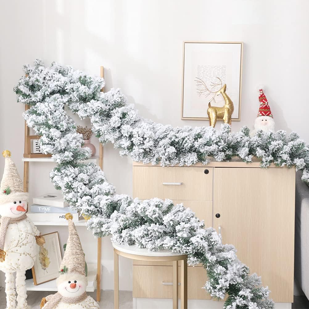 8.8ft Artificial Christmas Snowy Pine Garland, Winter Greenery Garland, White Flocked Spruce ...