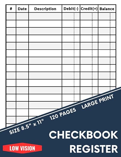 Low Vision Checkbook Register: Bold Lined & Generously Spaced - Large ...
