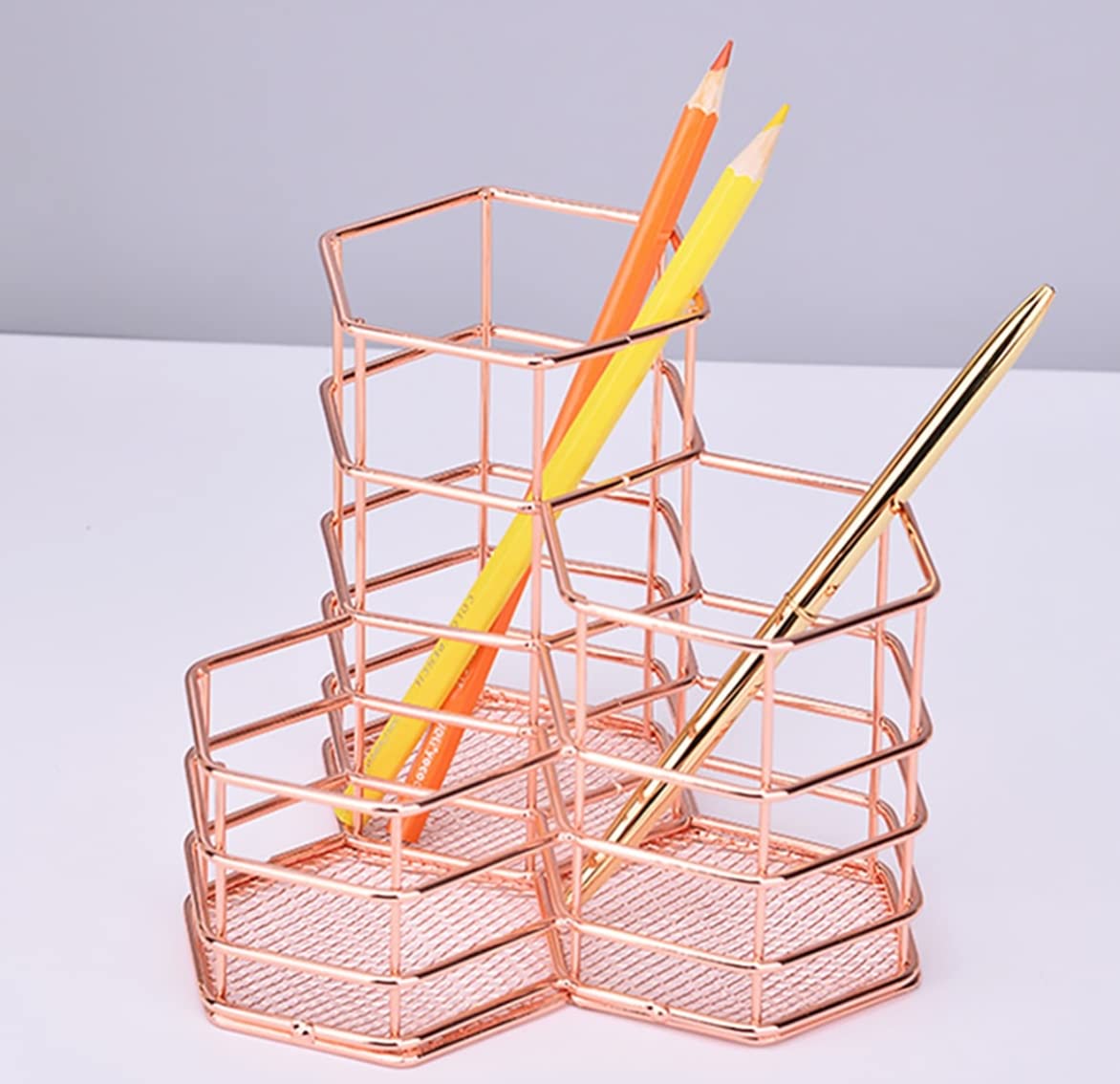 Kiwilon Rose Gold Hexagon Shape 3 Slot Desk Organizer Pen Stand For ...