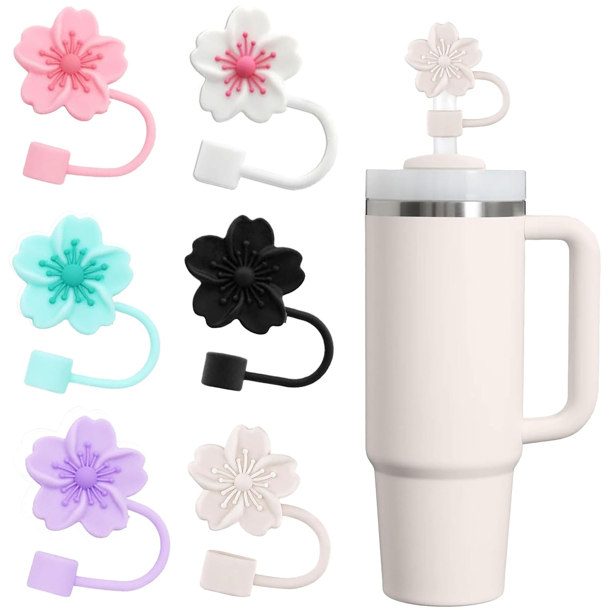 6PCS Flower Straw Cover, Silicone Stanley Straw Cover Straw Toppers ...