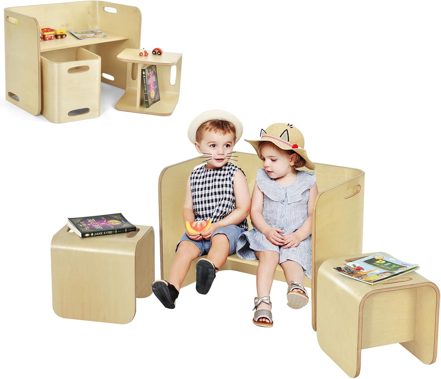HONEY JOY Kids Table and Chair Set, 3 Pieces Wooden Activity Table ...
