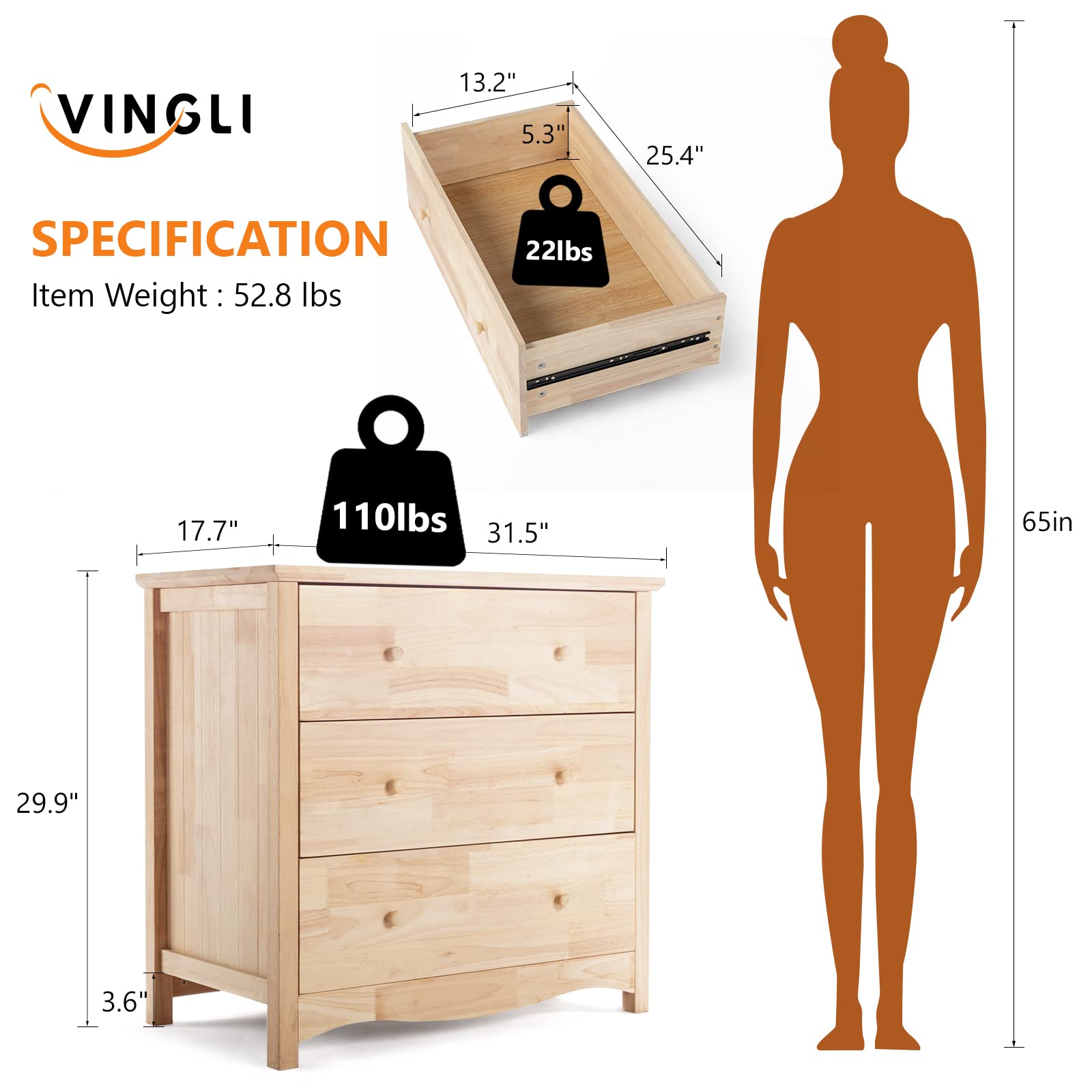 VINGLI Upgraged Unfinished 3 Drawer Dresser for Bedroom Natural Solid ...