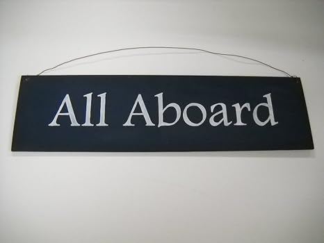 Amazon.com: Navy Blue and White All Aboard Wooden Train Wall Art Sign ...