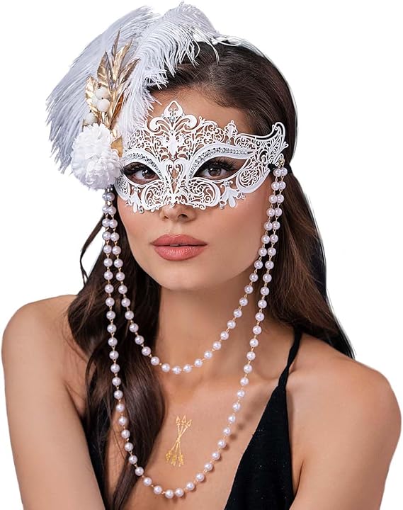 Amazon.com: Campsis Women’s Costume Mask White Masquerade Masks Feather ...