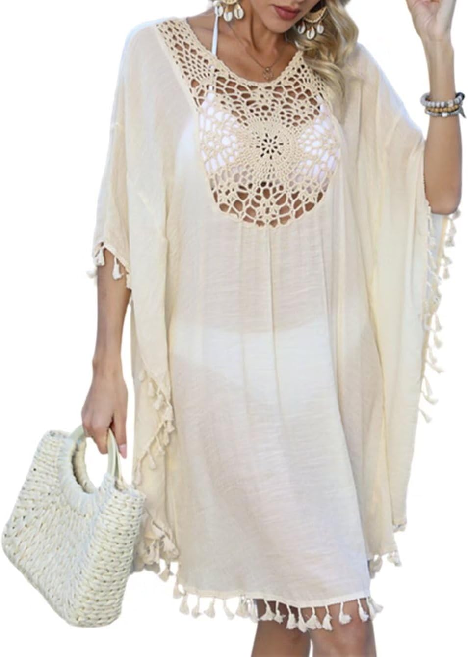 Gogmael Women's Swimsuit Cover Up Dress Crochet Neck Batwing Sleeve ...