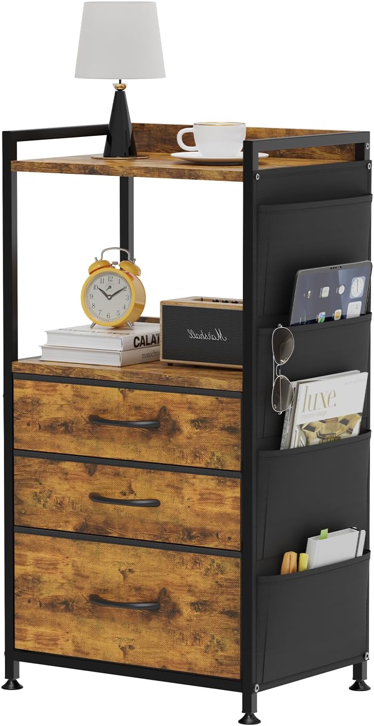 LASZOLA 3 Fabric Drawers Organizer Tower with Side Pocket and Wood ...