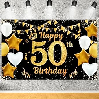 Qpout 50th Birthday Bannner Extra Large 50 Birthday Backdrop, Black and ...