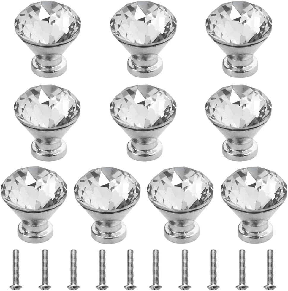 Easily Life 10 Pcs White Clear Crystal Glass Cabinet Knobs 30mm Diamond ...