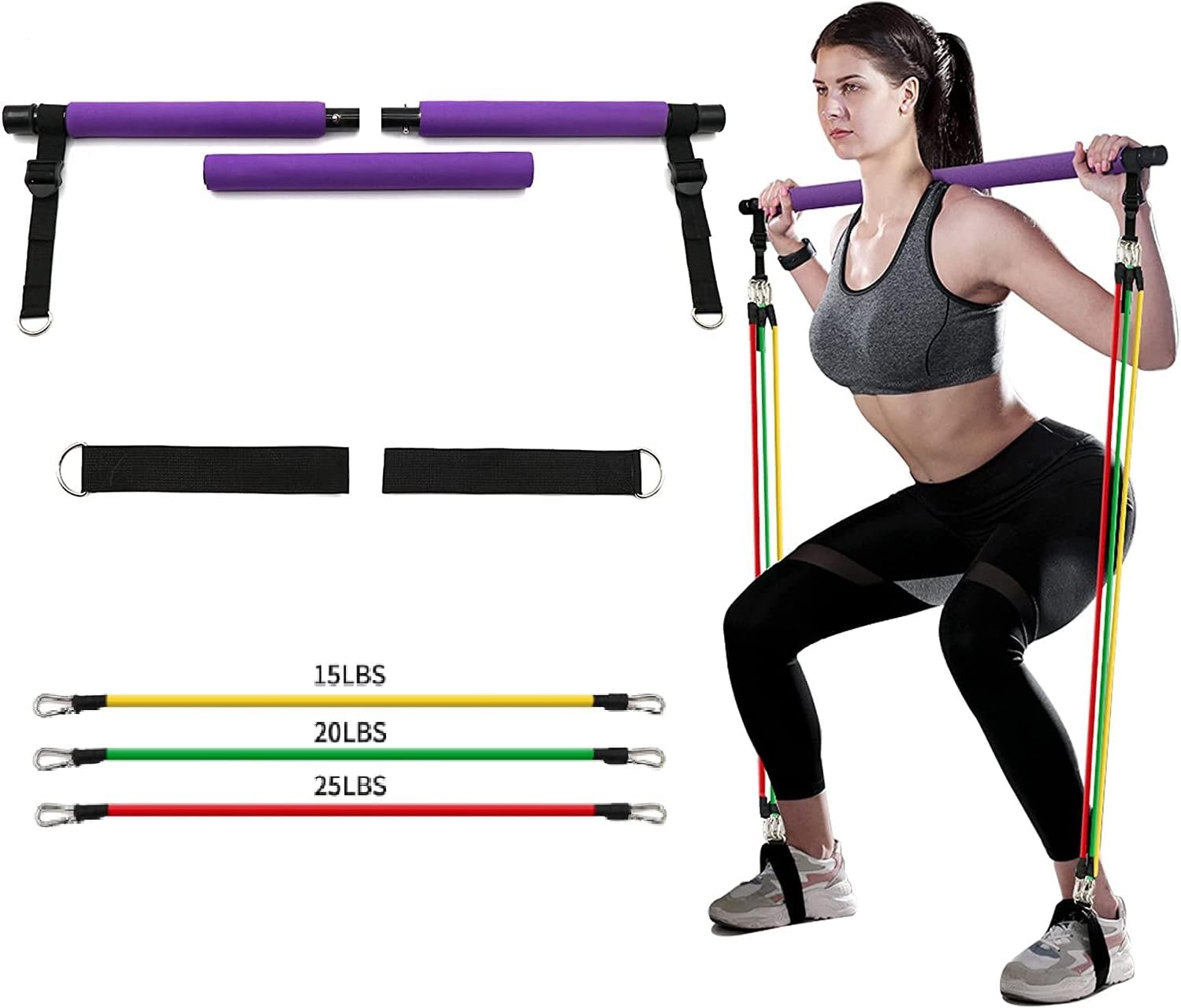 RVB Pilates Bar Kit with 6 Resistance Bands (15, 20, 25LB), 3-Section ...