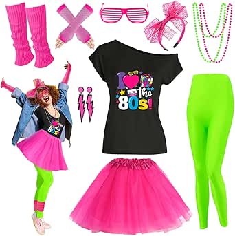 Amazon.com: 80s Outfit Women Costume Accessories Set T Shirt Shorts ...