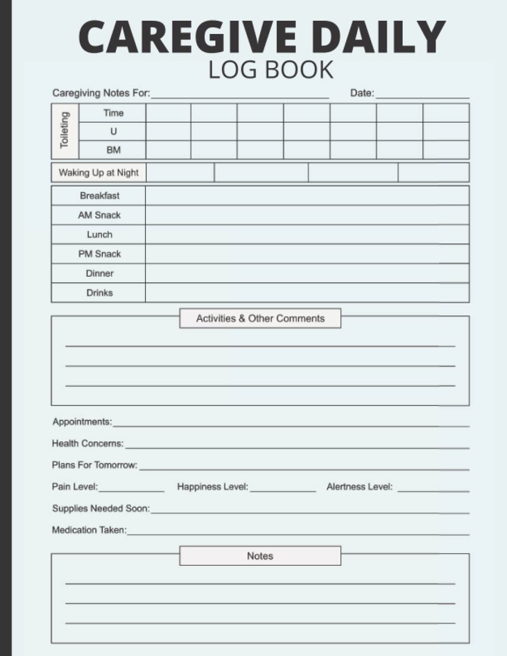 Caregiver Daily Log Book Caregiver Report Sheet And Medicine Reminder ...