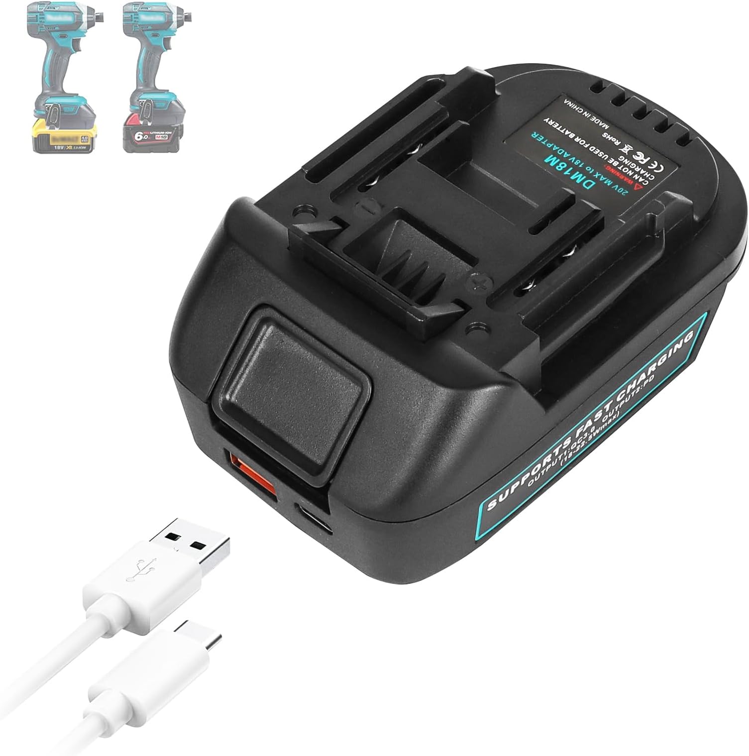 Qbmel DM18M Battery Adapter with USB Charging Socket for Dewalt 20V ...