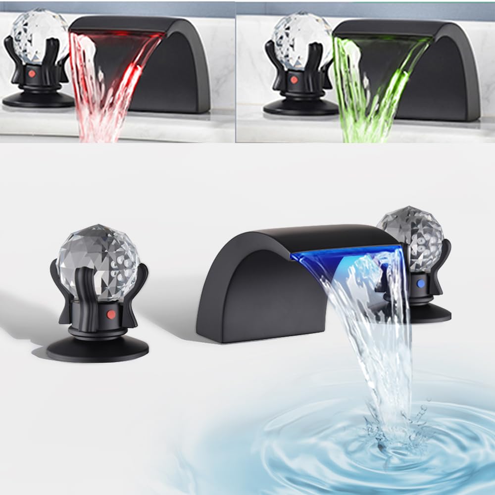 LED Waterfall Bathroom Faucet 3 Hole, Widespread 8 Inch Waterfall Sink ...