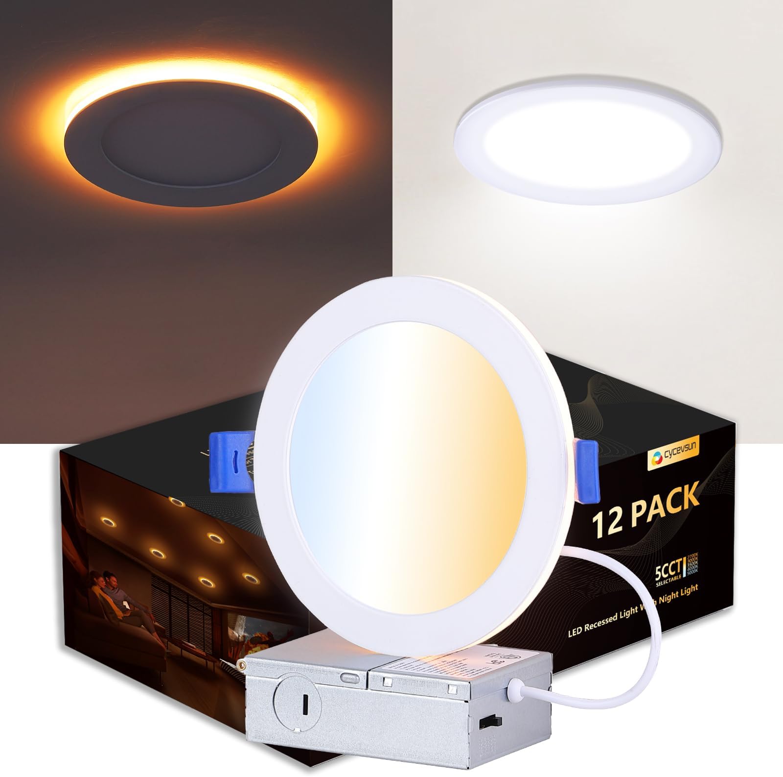 CycevSun 12 Pack 6 Inch LED Recessed Lighting with Night Light ...