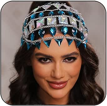 Amazon.com: Aukmla Blue Crystal Head Chain Silver Rhinestones Headpiece ...