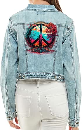 Amazon.com: Cute Peace Sign Cropped Ladies Denim Jacket - Trendy Women ...