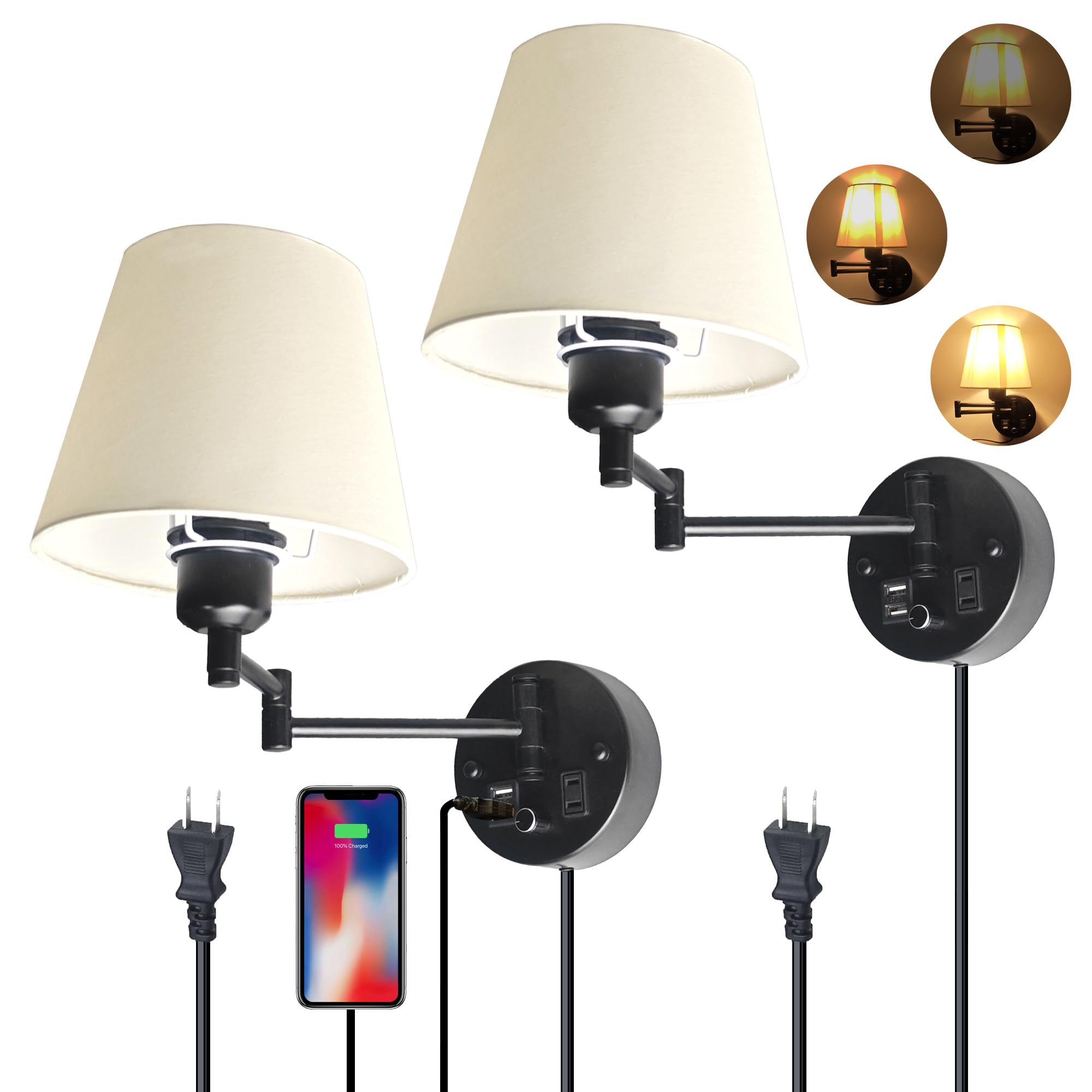 Lysed Wall Mounted Bedside Lamps with USB and 2 Pin Socket,Bedroom ...