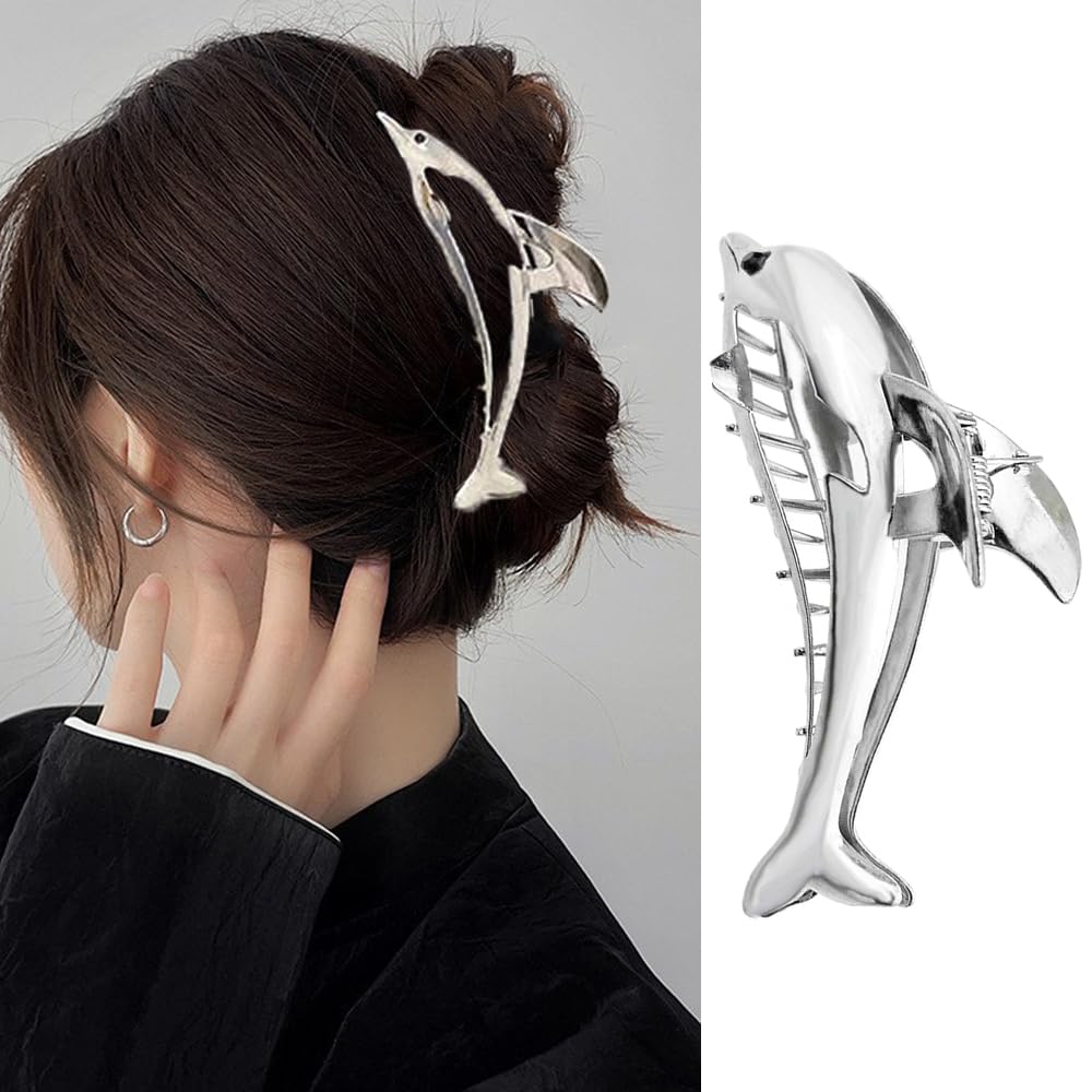 Amazon.com : 1Pcs Dolphin Hair Claw Clips for Women Metal Silver Cute ...