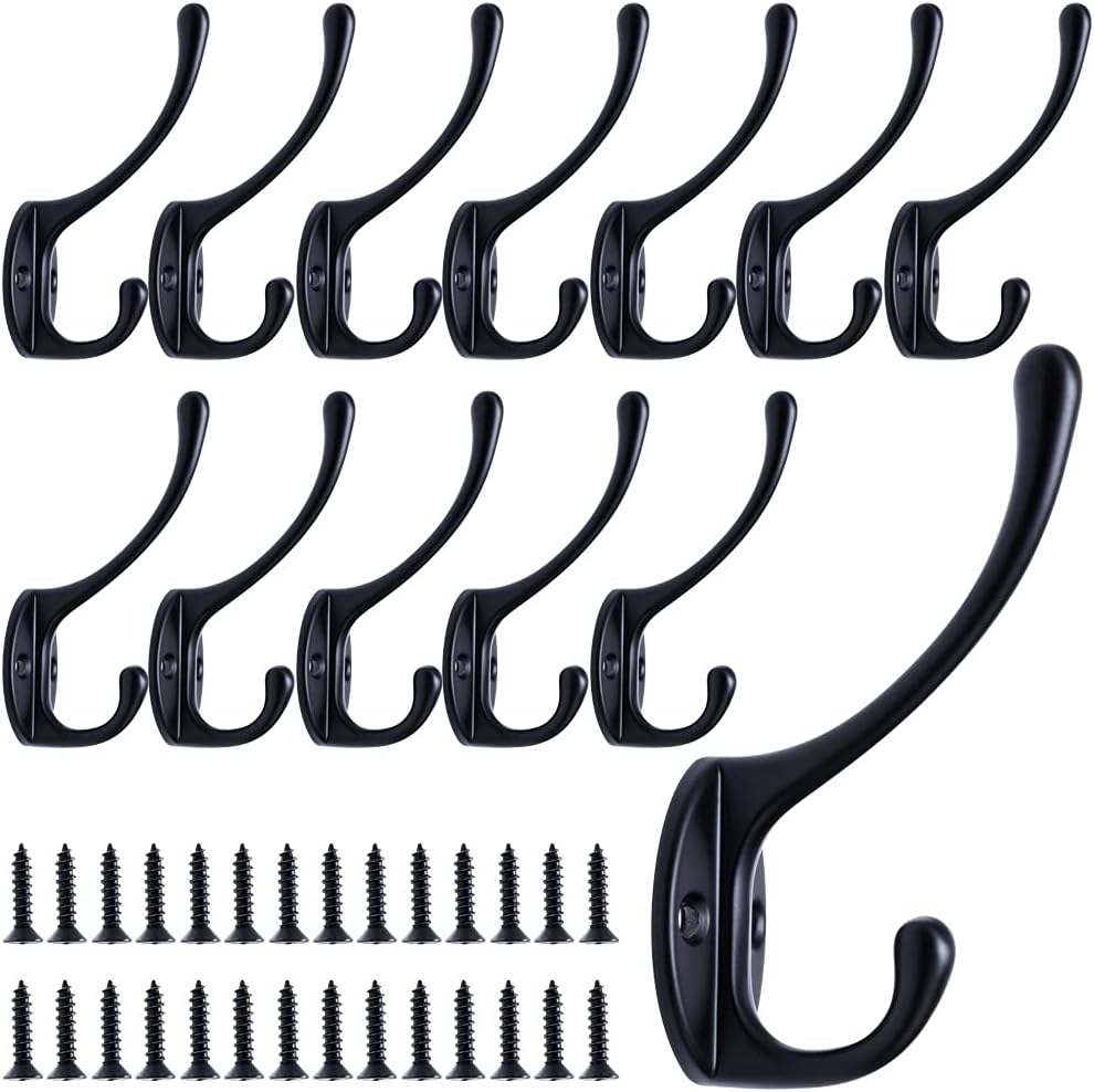 Dual Coat Hooks, Heavy Duty Wall Mounted Double Prong Robe Hooks, 13 ...