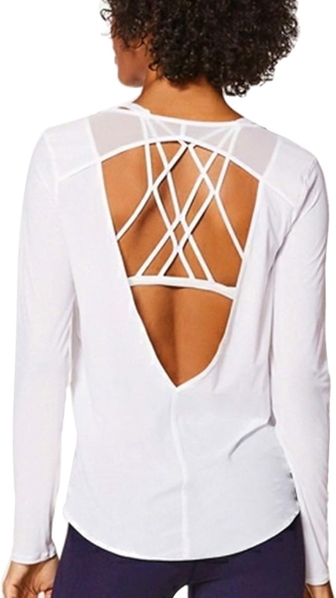 Ersuely Women Long Sleeve Sexy Backless Workout Shirt with Mesh Detail ...