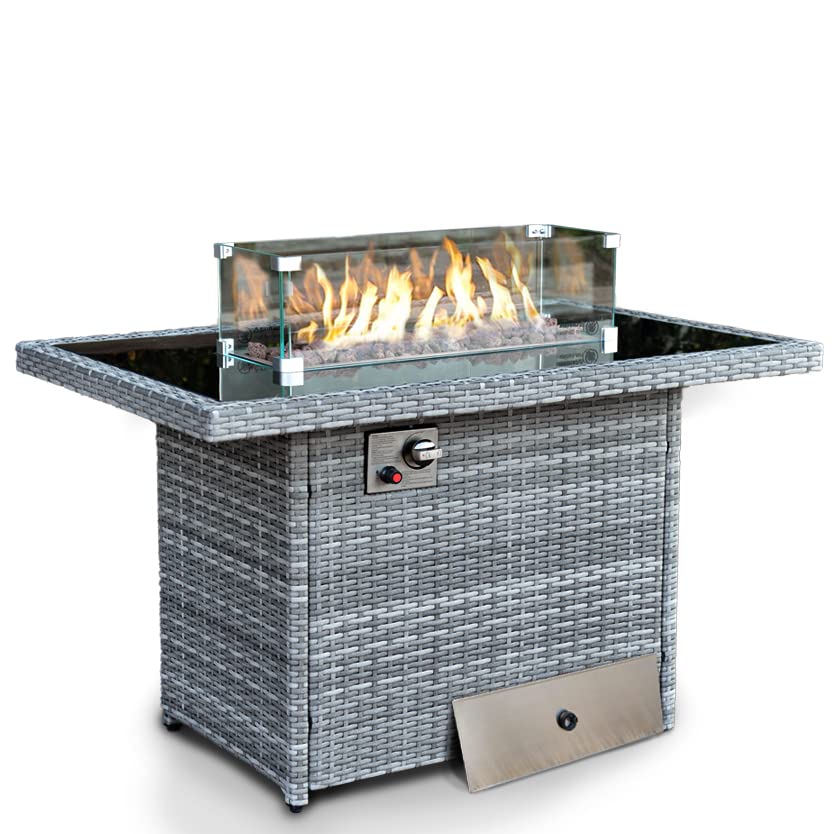 Rattan Gas Fire Pit Table with Lava Stones, Removeable Wind Guard & Lid ...