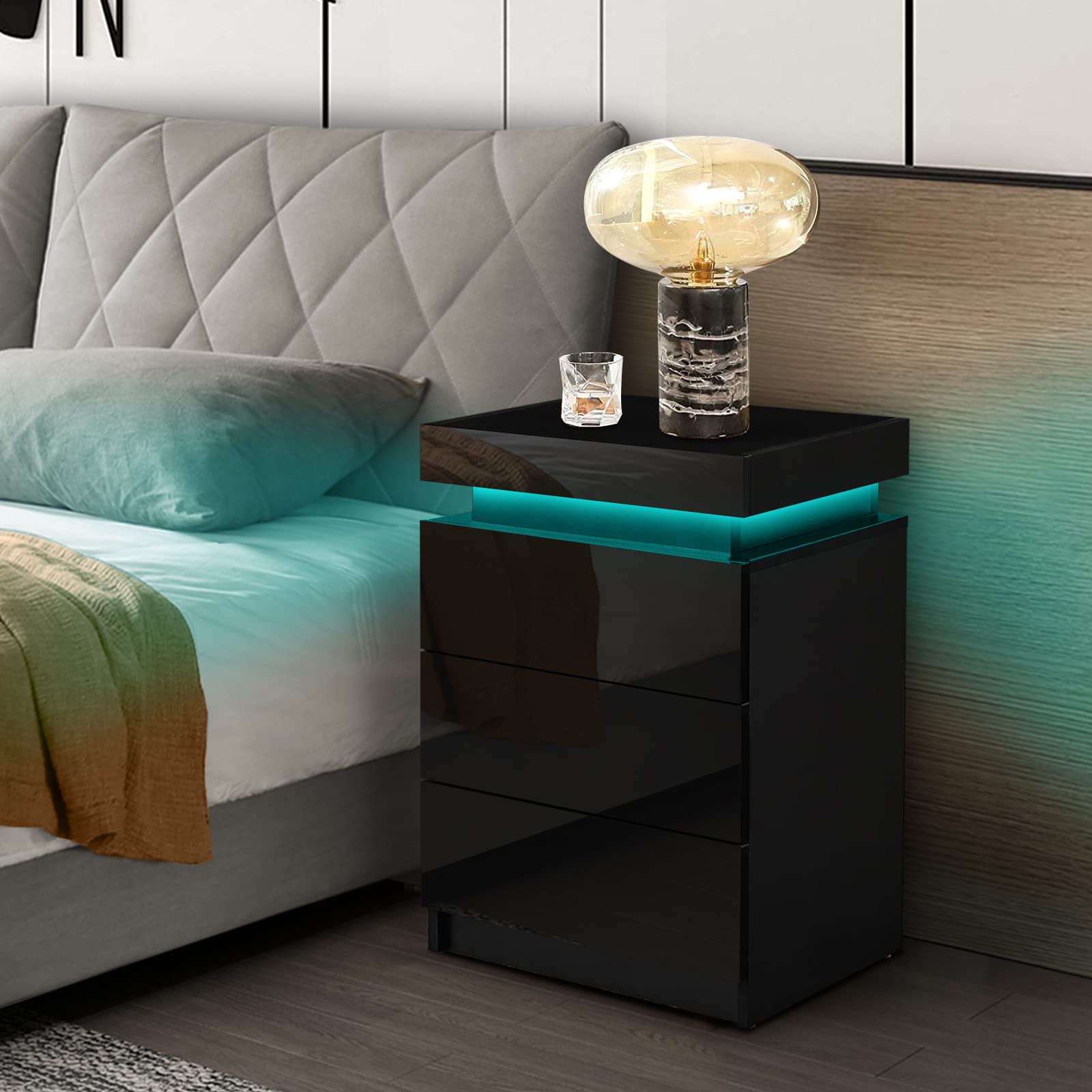 Amazon.com: CLIPOP Modern Nightstand, LED Night Stand with 3 High Gloss ...