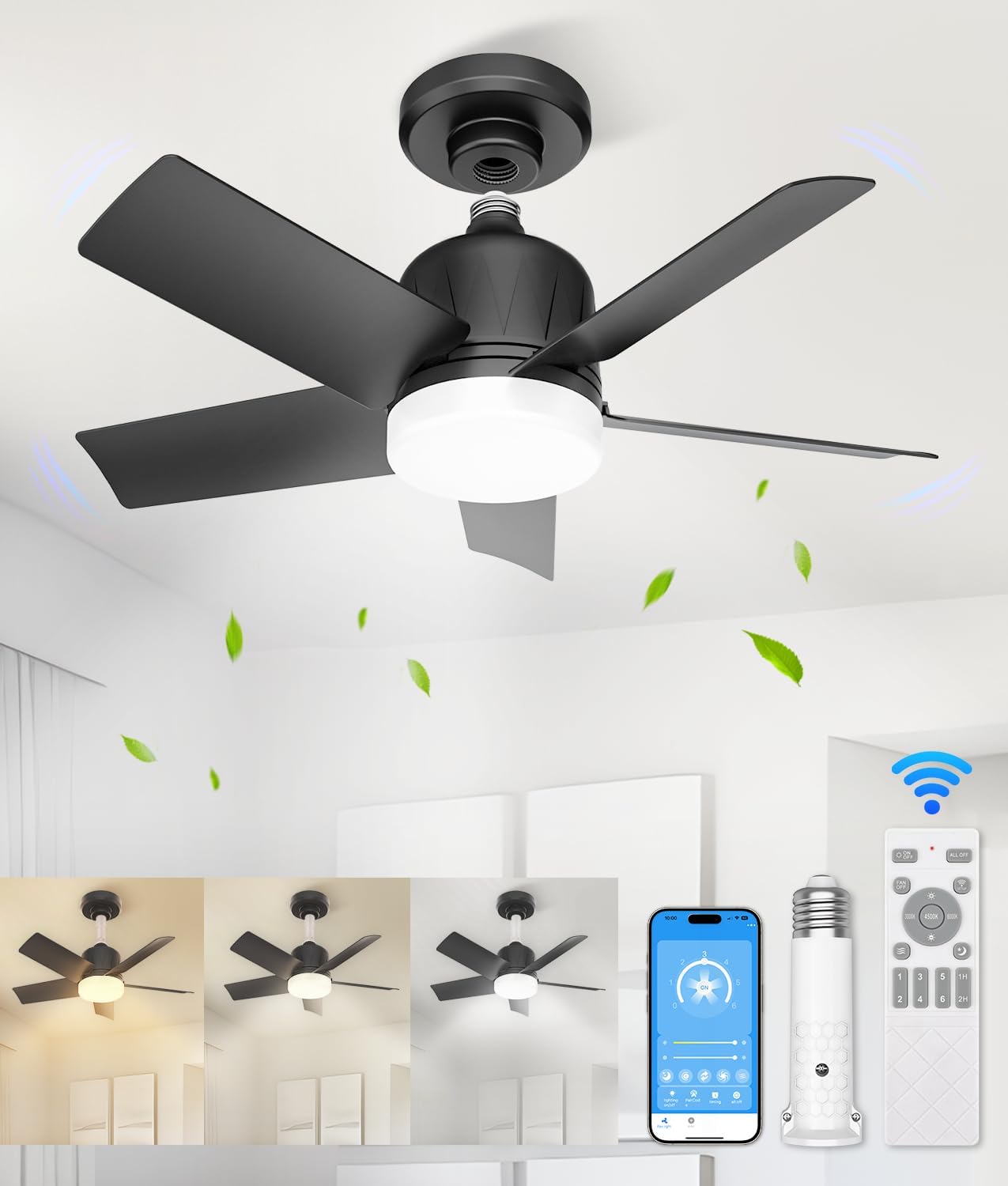 Bell+Howell Socket Fan Light Deluxe, Small Ceiling Fan with LED Light ...