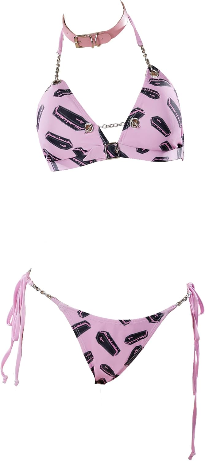 Amazon.com: MEOWCOS Goth Bikini Pink Coffin - Printed Swimsuit Gothic ...