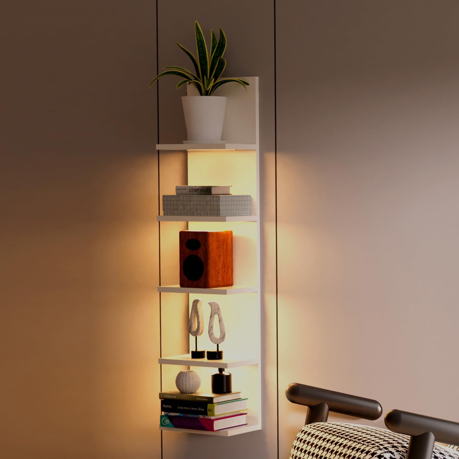 Homaterial 5 Tier Wall Shelf with Light, White Modern Vertical Lack ...