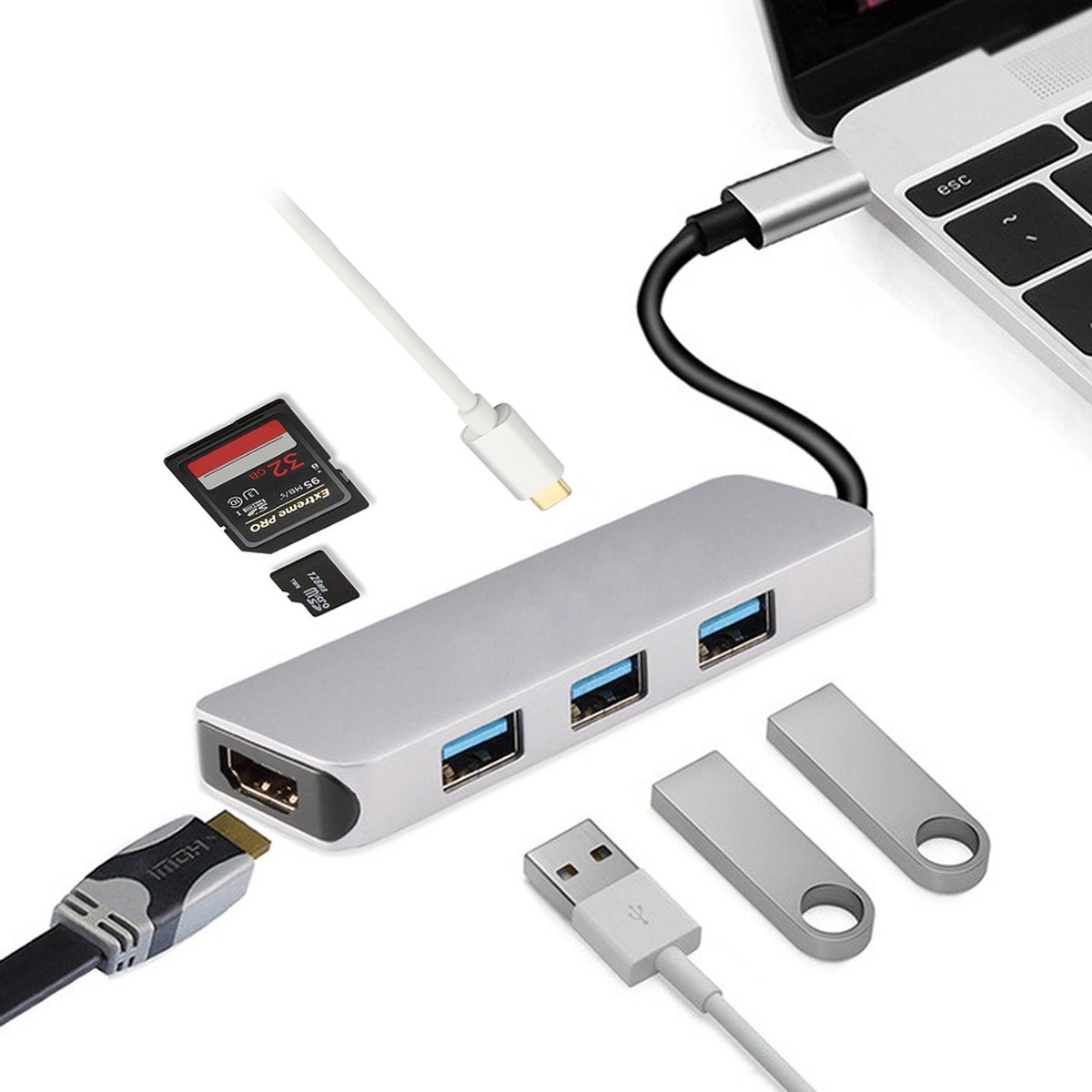 Cablecc Dock USB-C to HDMI & 3 Ports HUB & TF SD Card Reader & Charger ...