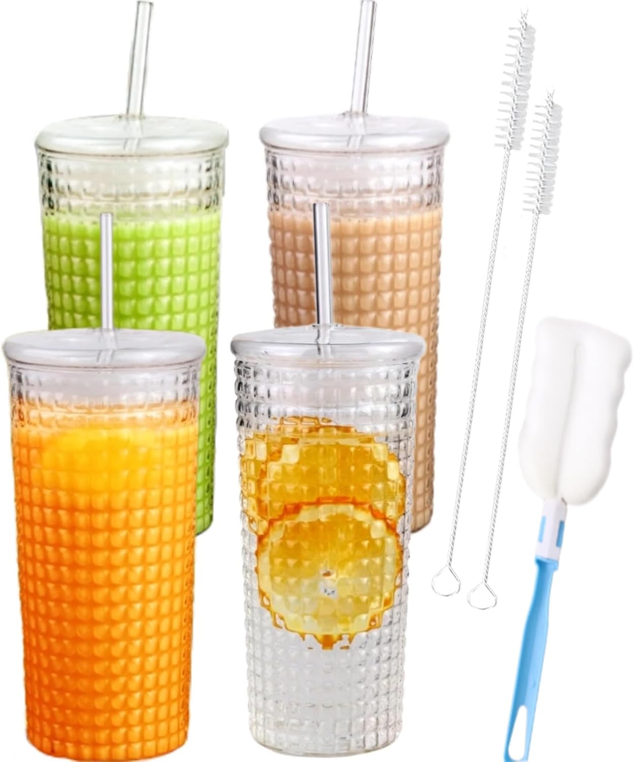 Amazon.com: Birity 4 pask Glass Cups With Lids and Glass Straws,24oz ...